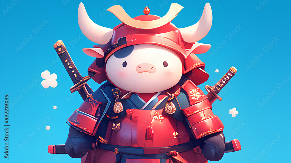 Cute cow wearing Japanese samurai armor, cool poses, cute kawaii ...