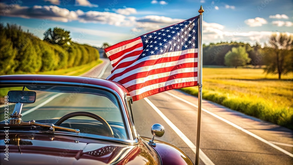 American flag waving from the antenna of a vintage car parked on a ...
