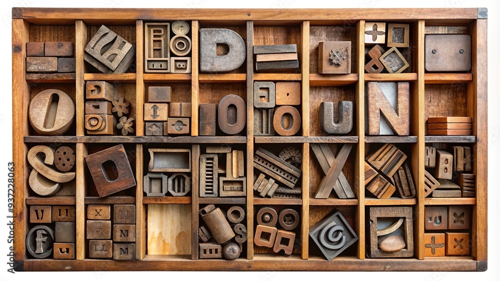 Assorted vintage metal letterpress type blocks in a wooden case ...