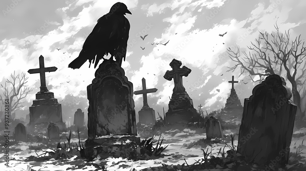 Horror Ambient Character in a Graveyard Black and White in Anime Manga ...