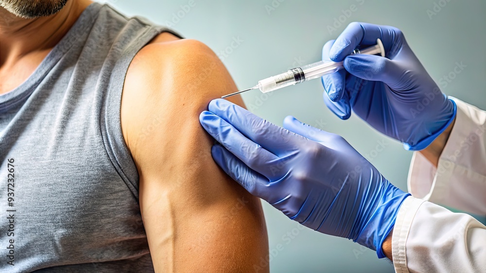 Close-up of a syringe being inserted into the deltoid muscle of a shoulder, highlighting the ...
