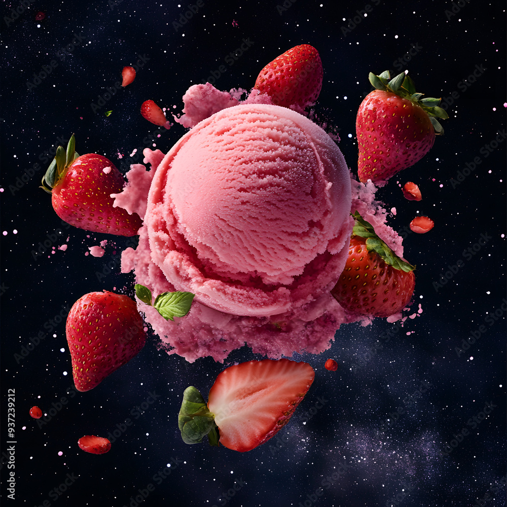 A single scoop of pink ice cream floats in a starry abyss, adorned with ...