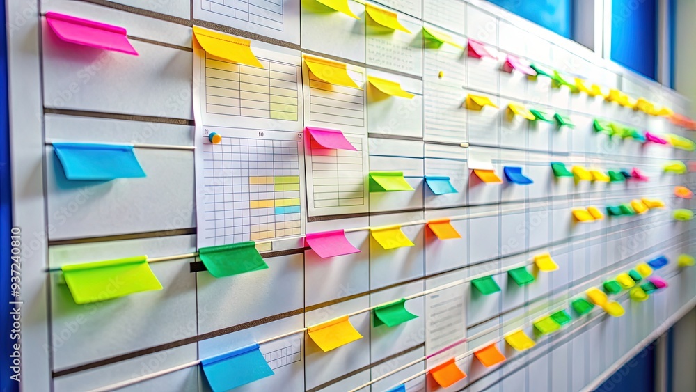 Colorful sticky notes and markers on a whiteboard outline a timeline ...