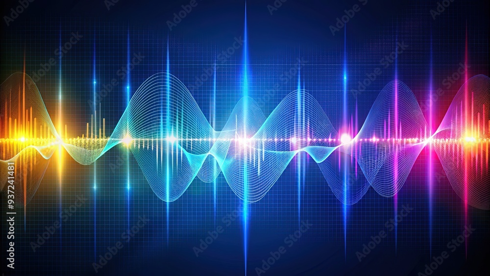 Colorful waveform patterns and oscillating digital signals on a dark ...