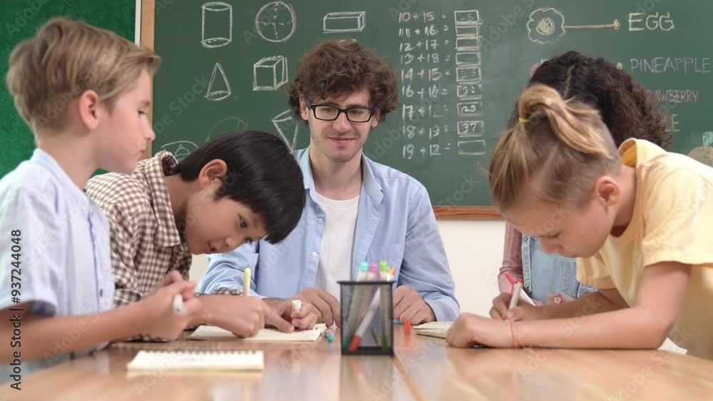 Smart teacher explain idea while diverse children drawing mind map ...