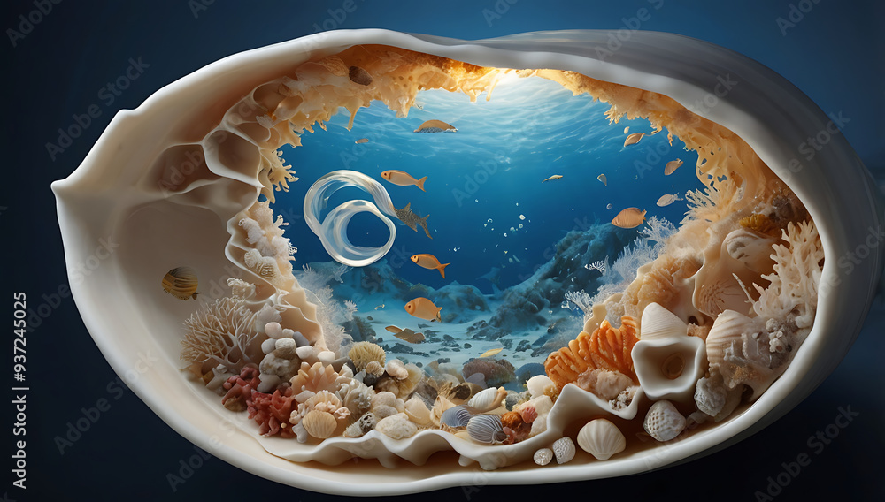 Conceptual Artwork of a Miniature Ocean Inside a Seashell, with Waves ...