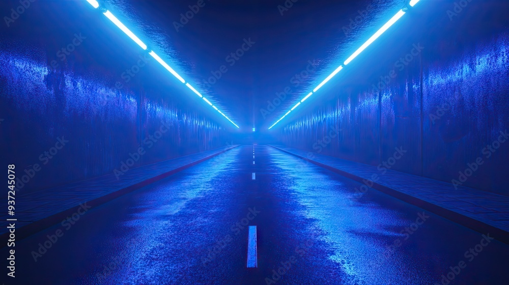 Dark blue asphalt street scene with neon lights, spotlights, and an ...