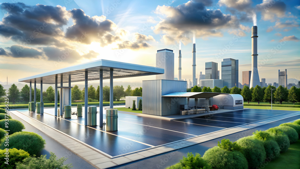Photo Realistic as Hydrogen fuel station and manufacturing hub concept ...