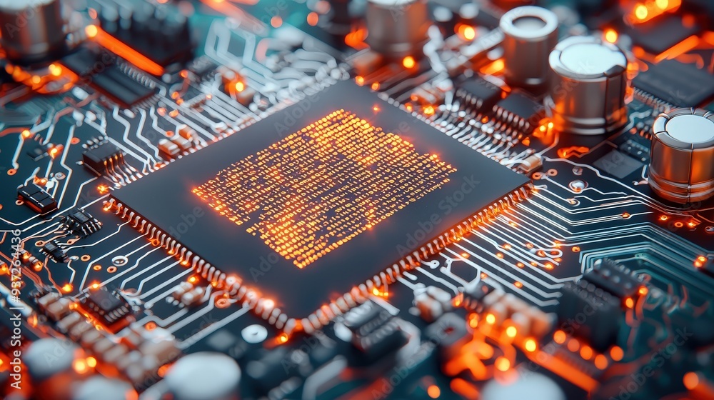 Poster depicting a circuit board with C# code running through it ...