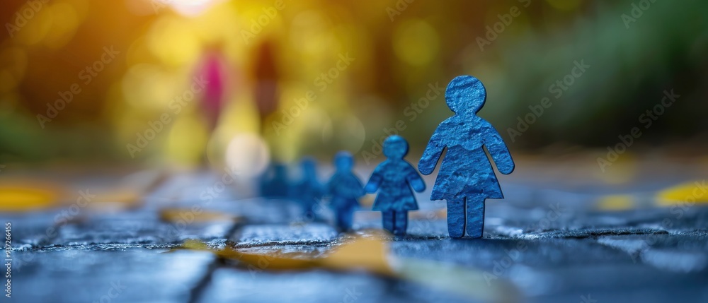 Blue miniature figures of family on reflective surface Blurred nature ...