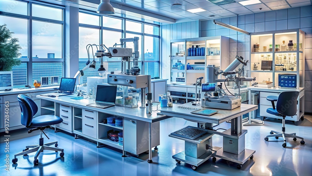 Modern biomedical laboratory workstation cluttered with various medical ...