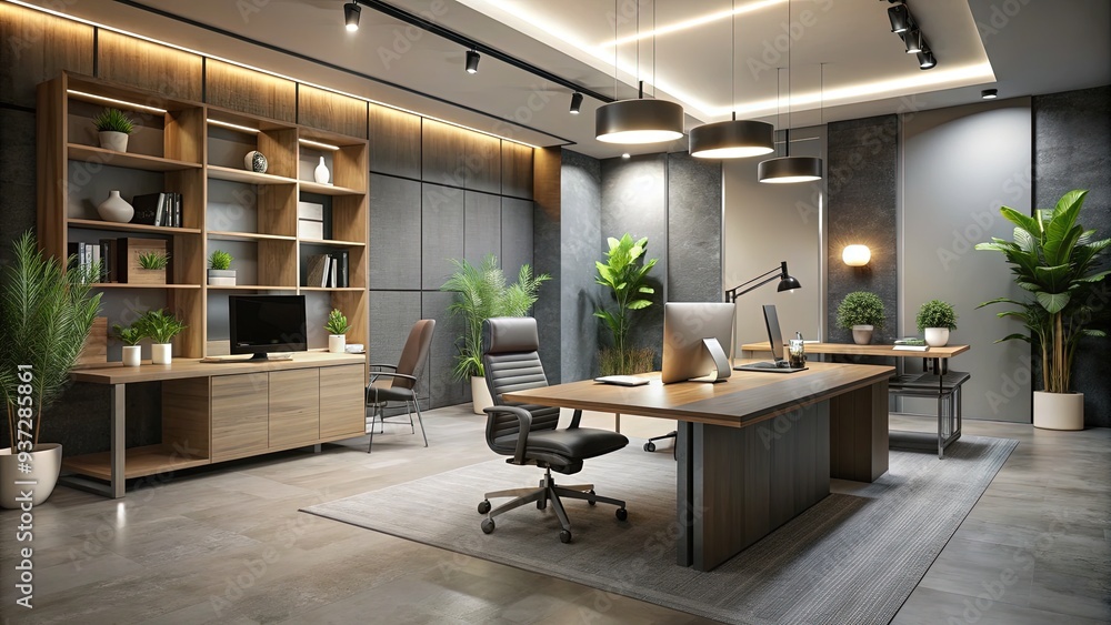 Modern corporate office space with sleek gray walls, minimalist decor ...