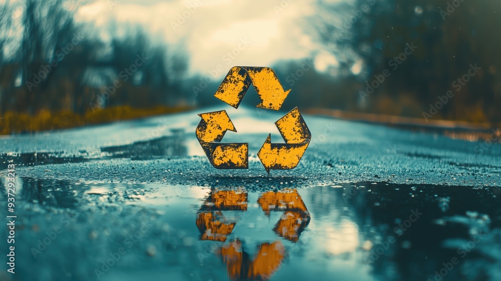 Moody Morning Reflection: Wet Asphalt Road with Highlighted Recycling ...
