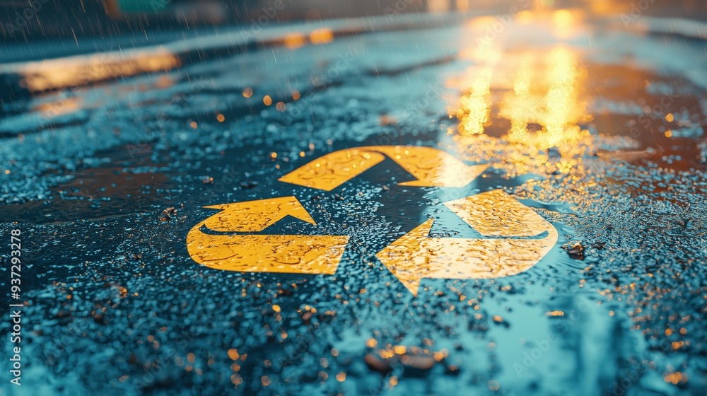 Moody Morning Reflection: Wet Asphalt Road with Highlighted Recycling ...