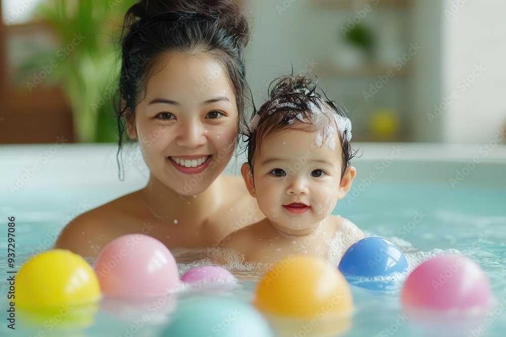 Parent and child engaging in a fun bath time routine, with a variety of ...
