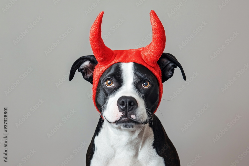 cute black and white dog wearing a red devil horns costume, looking ...