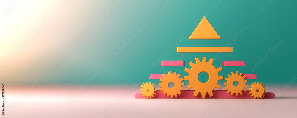 Management structure icons, flowchart, pyramid, and gears, 3D ...
