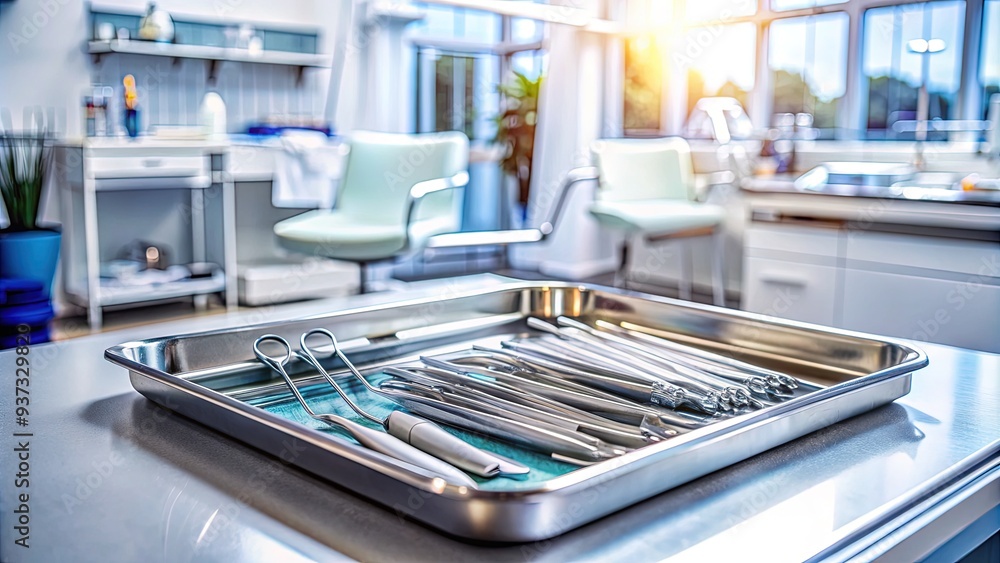 Sterilized dental instruments laid out on a clean tray, ready for use ...
