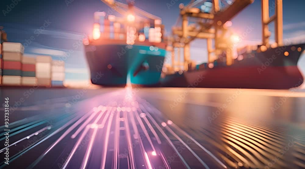 Futuristic Global Logistics. Container Ship and Holographic World Map ...