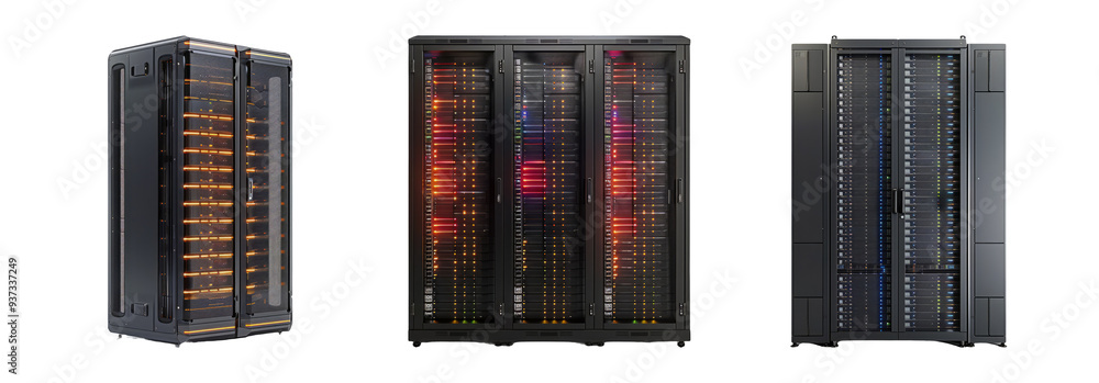 Server racks isolated on transparent background with glowing lights and ...