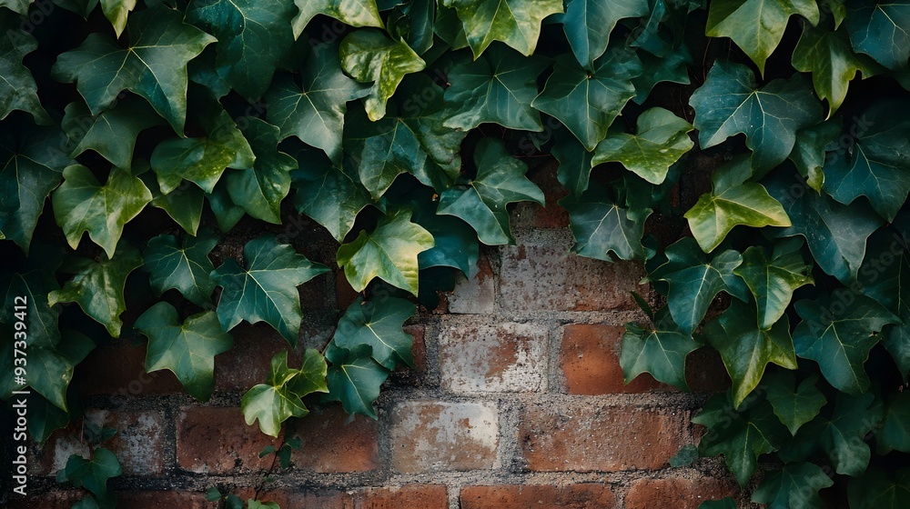 Vibrant green ivy leaves climbing and cascading over an old brick wall ...