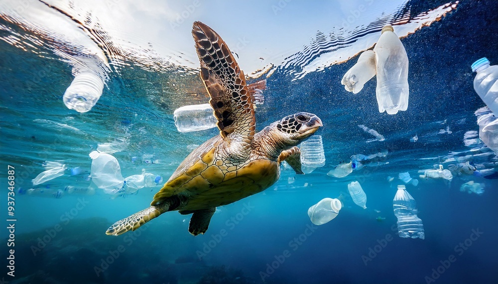A sea turtle swimming thru plastic trash and pollution in the ocean ...