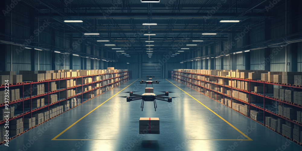 Drone is flying through a warehouse full of shelves loaded with ...