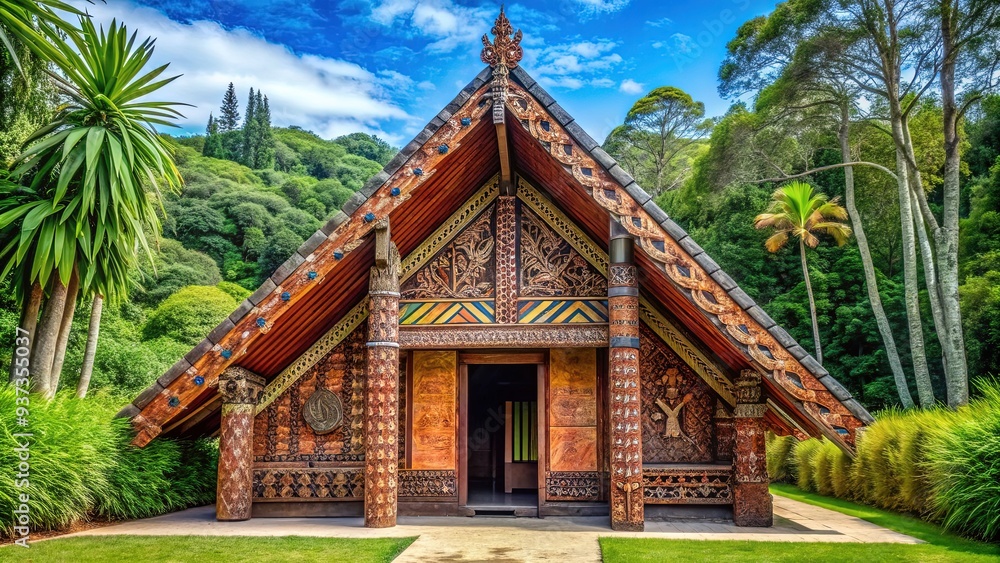 Vibrant green forest surroundings with intricate carvings and woven ...