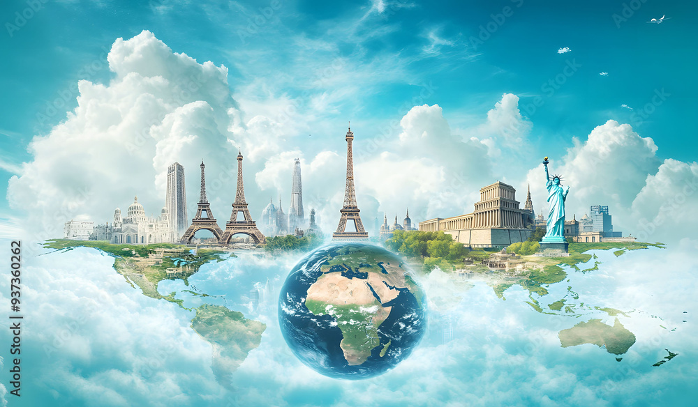 Illustration of a trip around the world, featuring famous landmarks on ...