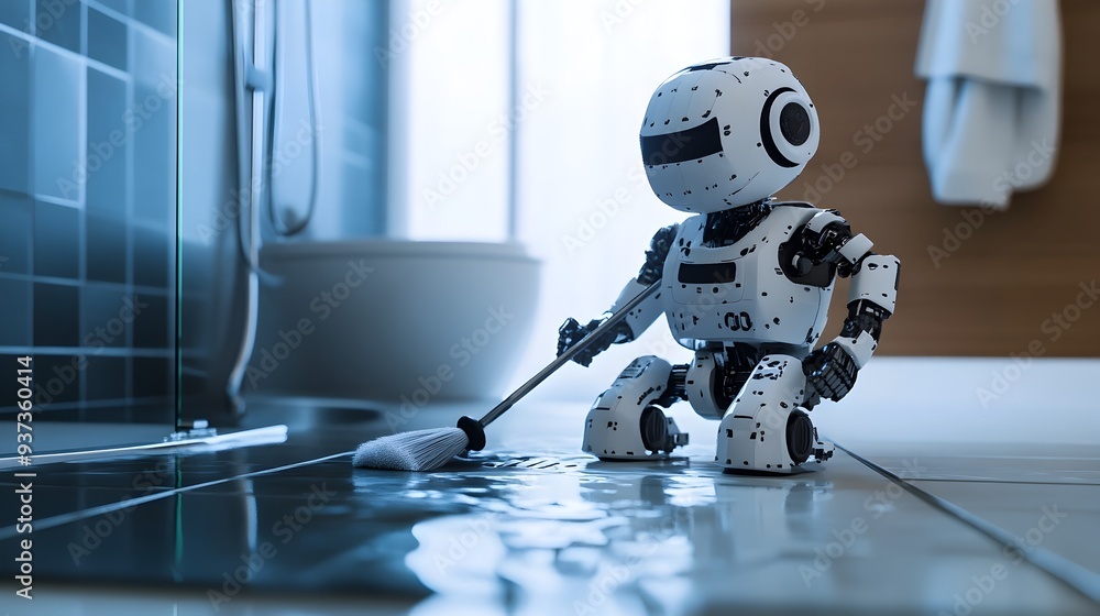 A photograph of a modern robotic bathroom tile scrubber efficiently ...