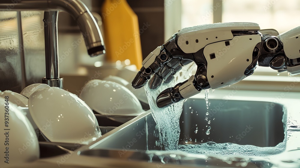 A photograph of a modern futuristic robot efficiently washing dishes in ...