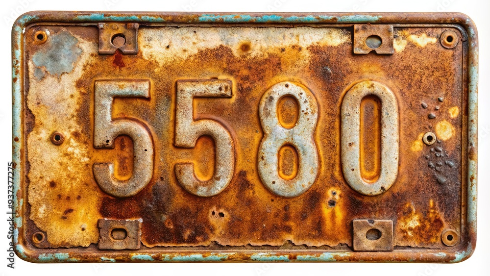 Vintage rusty license plate with worn edges and faded numbers ...