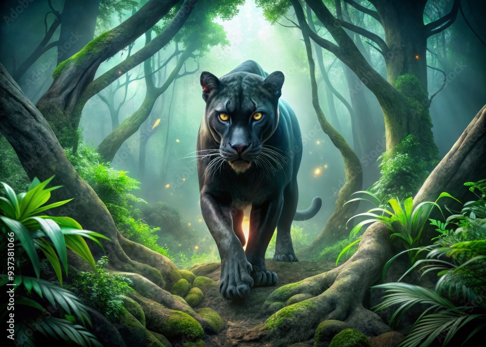 Fierce 3D black panther emerging from a dark misty jungle with intense ...