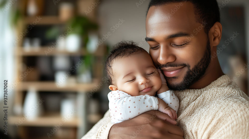 A black man father smiles warmly while holding his sleeping baby close ...