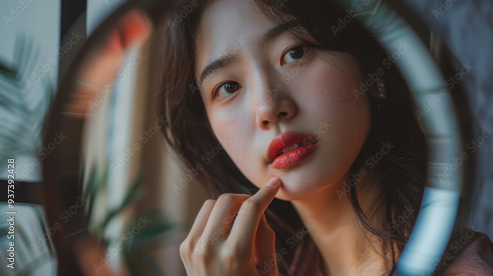 Young asian woman checking her makeup in the mirror, a finger touching ...