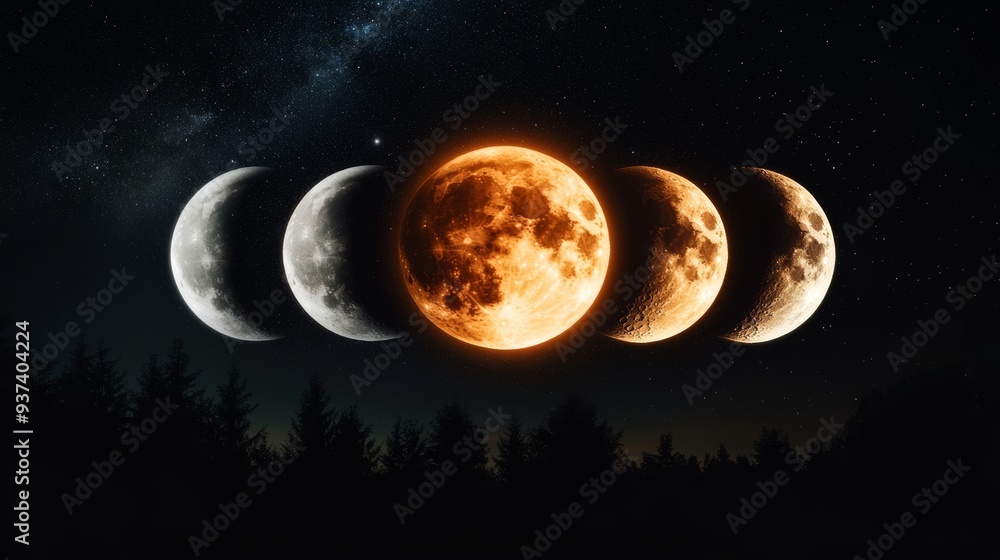 Double exposure of moon phases with a starry sky, blending lunar ...