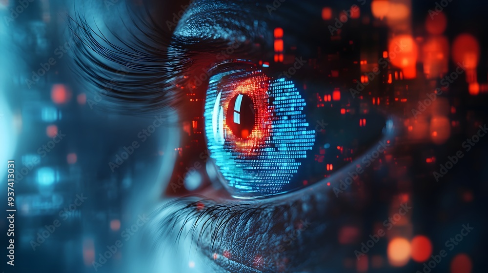 Iris scan with soundwave patterns overlay, double exposure effect ...