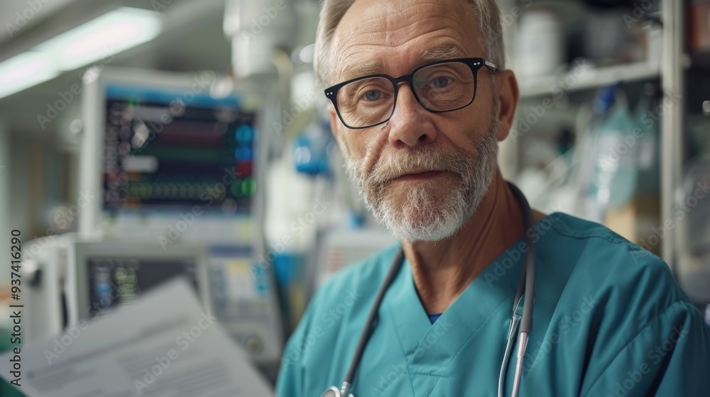 Hospital Visit: The doctor, in scrubs and with a stethoscope around ...