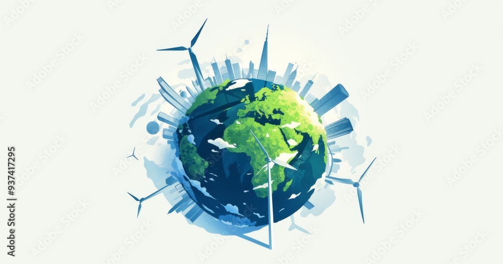 Earth with Greenery, Wind Turbines, and Buildings in Shades of Gray ...