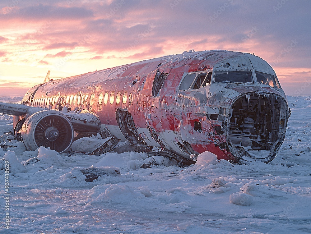 A passenger jet crash in the Arctic, with the fuselage cracked open and ...