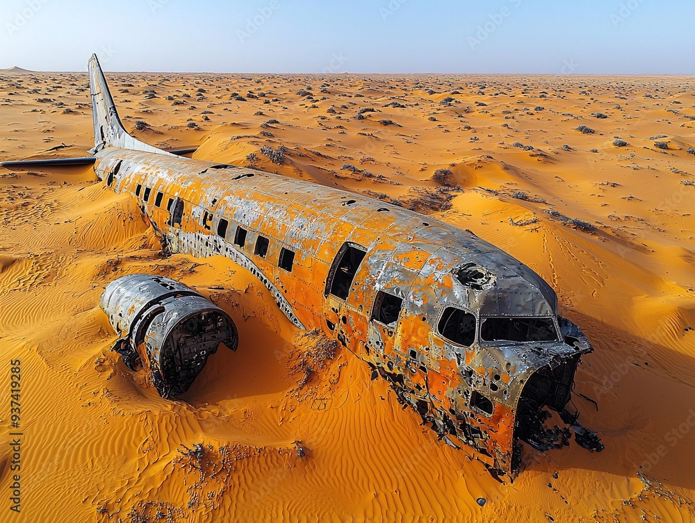 An abandoned plane crash site in a desert, the metal of the plane ...