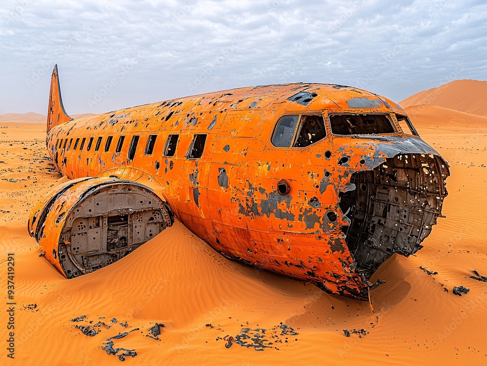 An abandoned plane crash site in a desert, the metal of the plane ...