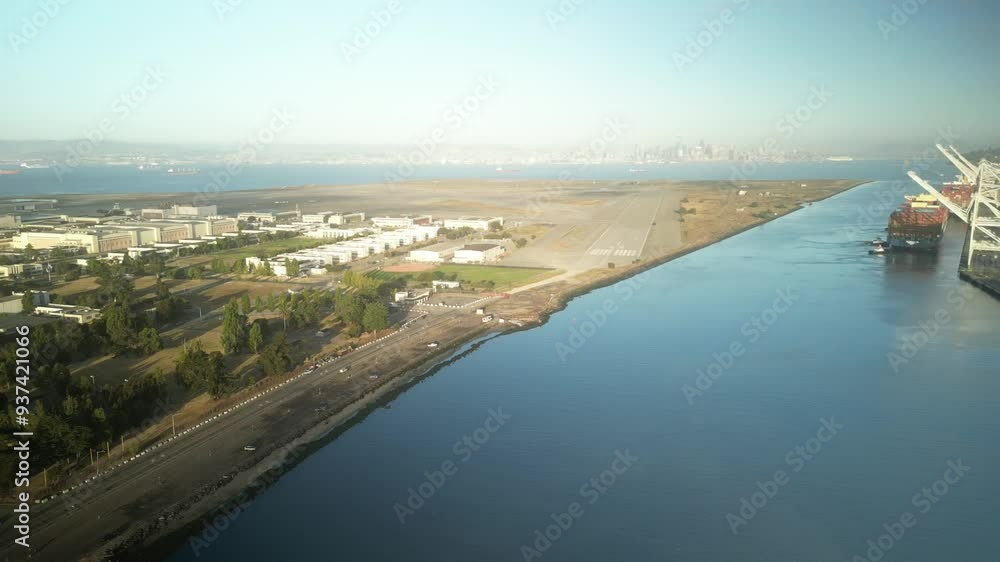 A drone captures a sweeping aerial view of Alameda Point, showcasing ...