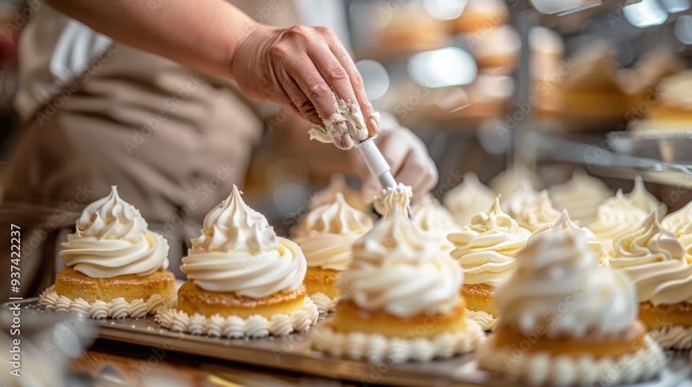 Baker Decorating Cake: A focused baker in an apron decorates a cake ...