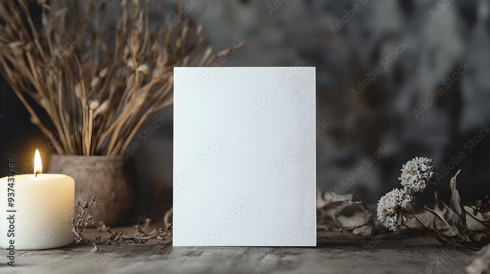 Elegant and minimalist blank greeting card standing upright on a desk ...