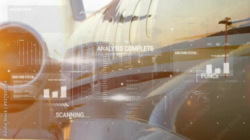 Aircraft engine with data analysis and scanning animation over it Stock ...