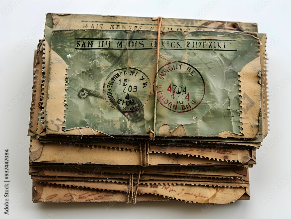 Vintage stamped envelopes stacked neatly, showcasing intricate designs ...