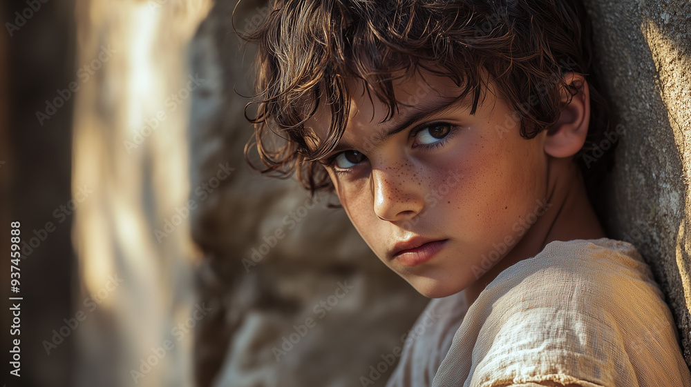 A close-up portrait of a Roman boy with tousled hair, wearing a simple ...
