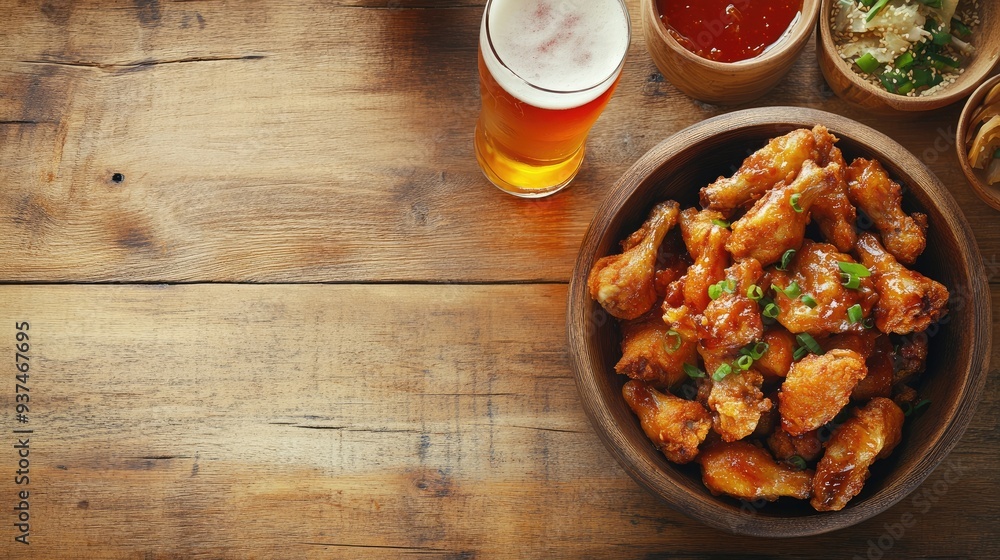 Korean chimaek (chicken and beer) with crispy chicken and a cold drink ...