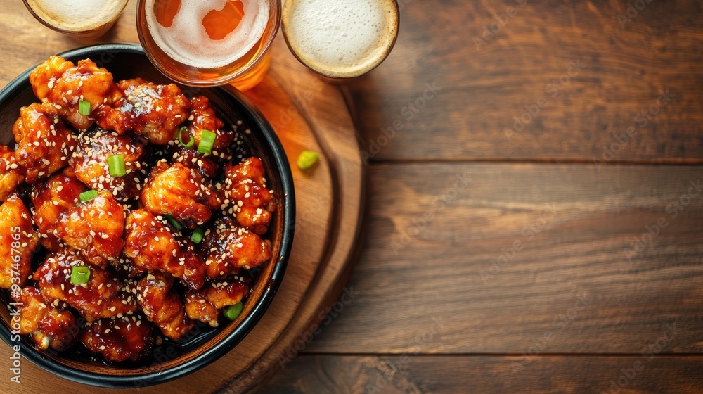 Korean chimaek (chicken and beer) with crispy chicken and a cold drink ...
